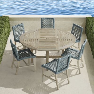 Isola 7-pc Round Dining Set in Weathered Teak & Harbor Blue Wicker with ...