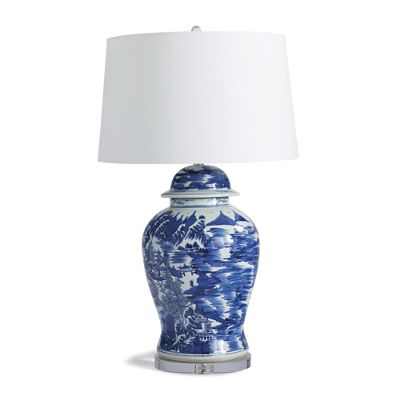Blue & White Ming Table Lamp with Handpainted Design & Linen Shade