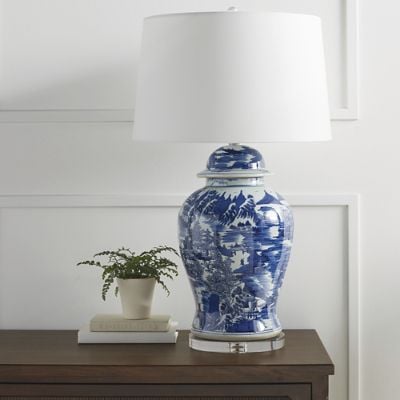 Blue & White Ming Table Lamp with Handpainted Design & Linen Shade