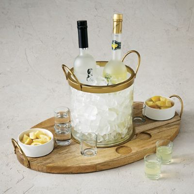 Spirits Serving Tray with Shot Glasses & Ice Bucket in Mango Wood