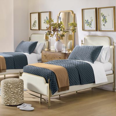 Whitby Bed with Linen Upholstery & Antiqued Brass Finish Frame