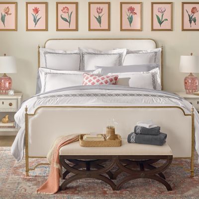 Whitby Bed with Linen Upholstery & Antiqued Brass Finish Frame