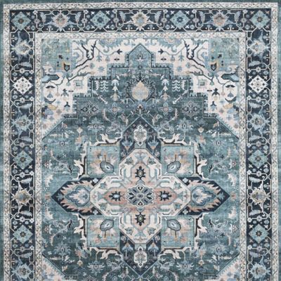 Storri Washable Area Rug with Fade-Resistant Teal & Ivory Pattern