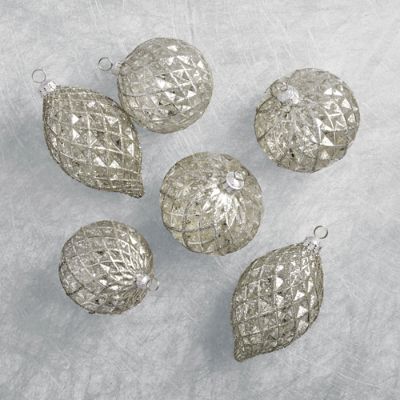 Faceted Mercury Glass Ornaments Set Of Six With Handcrafted Details