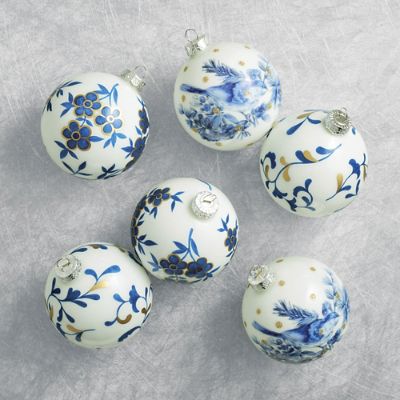 Chinoiserie Ornaments Set Of Six With Handcrafted Glass And Gold Ribbon