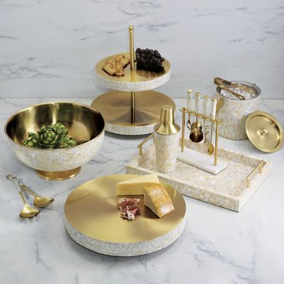 Perla Serveware Collection with Mother of Pearl Inlay & Brass Finish Metal