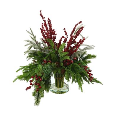 Evergreen & Berry Arrangement in Glass Vase | Frontgate