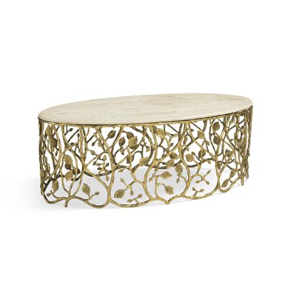 Vinery Coffee Table with Antiqued Brass Finish & Travertine Top