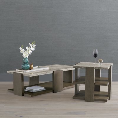 Pearson Coffee & Side Tables with Travertine Top & Open Shelf Storage