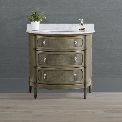 Marion Demilune 36" Single Bath Vanity with Carrara Marble Top & Rattan ...