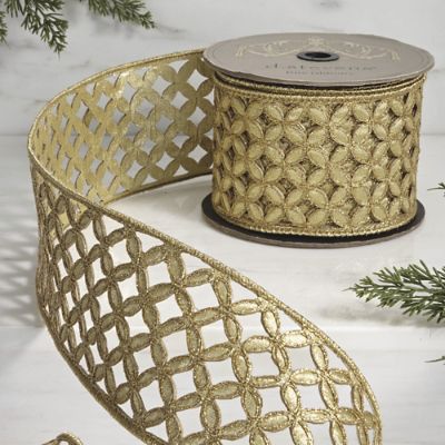 Gold Metallic Floral Lattice Ribbon for Holiday Decor & Gift Wrapping