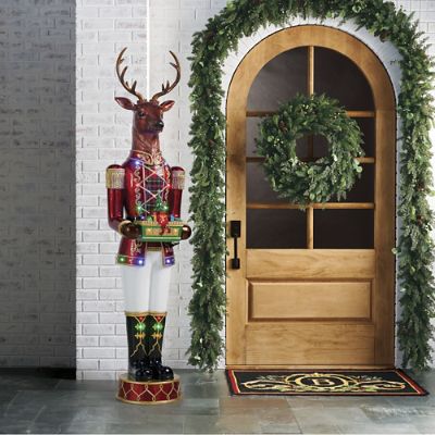 Plaid Stag Nutcracker with Music Box & LED Lights for Indoor/Outdoor Use