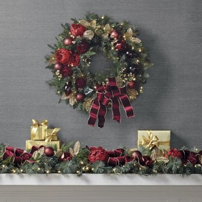 Noble Burgundy Greenery Collection with LED Lights & Velvet Ribbon