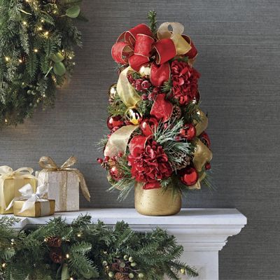 Red Berry & Pine Cone Topiary Tree with Velvet Ribbon & Gold Accents