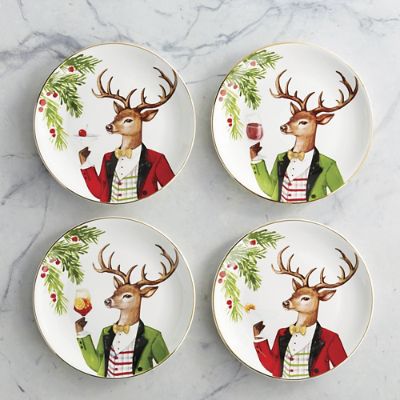 Holiday Stag Side Plates Set of Four with Artisan Decal & Dishwasher Safe