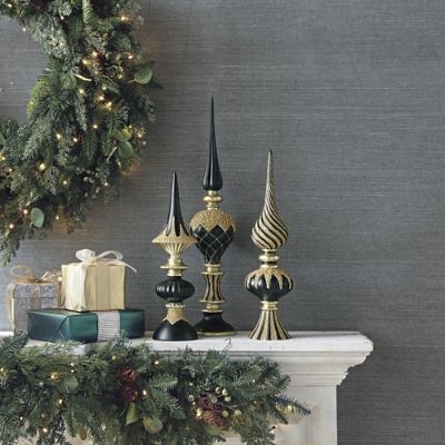Glitter-Trimmed Tabletop Finials Set of Three with Handpainted Gold Details