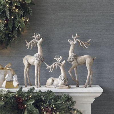 Snowy Decorative Deer Trio Set with Handpainted Wreaths & Resin Stone ...