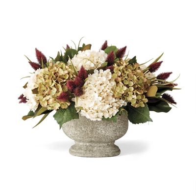 Mixed Hydrangea Arrangement & Gray Fiberstone Vase with Lush Greenery