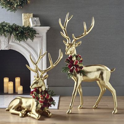 Gold Glimmer Deer with Wreath Collar & Hand-Applied Metallic Finish