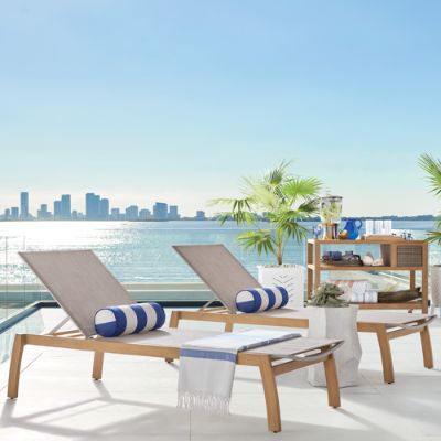 Frontgate Resort Newport Teak Chaises with Quick Dry Mesh Sling Adjustable Back Set of 2
