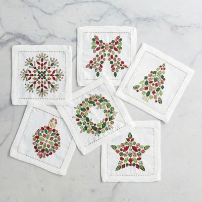 Holiday Nostalgia Cocktail Napkins Set of Six with Hand-Embroidered ...