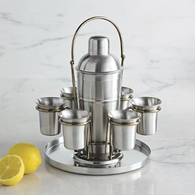 Shaker Shot Glass Caddy with Stainless Steel Cocktail Shaker & Garnish Tray