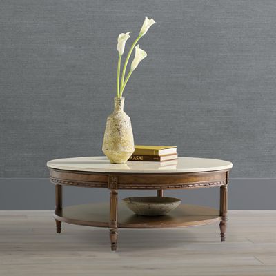 Etienne Round Coffee Table with Crema Marfil Marble Top & Open Shelf Storage