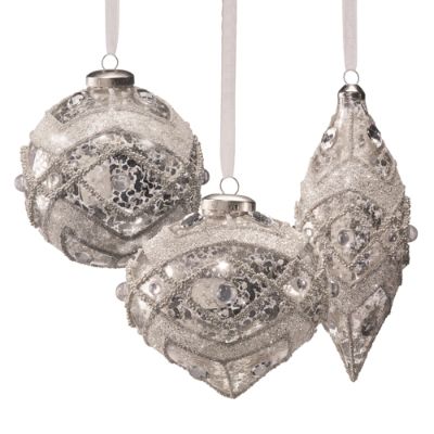 Set Of Six Silver Vintage Glass Ornaments With Beads Frontgate