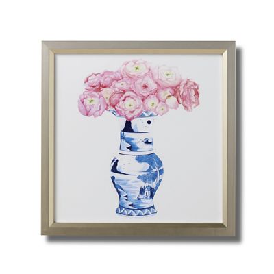 Watercolor Blue Ming Trumpet Vase with Peonies Giclée Print | Frontgate