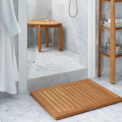 Teak Corner Shower Seat with Basket Frontgate
